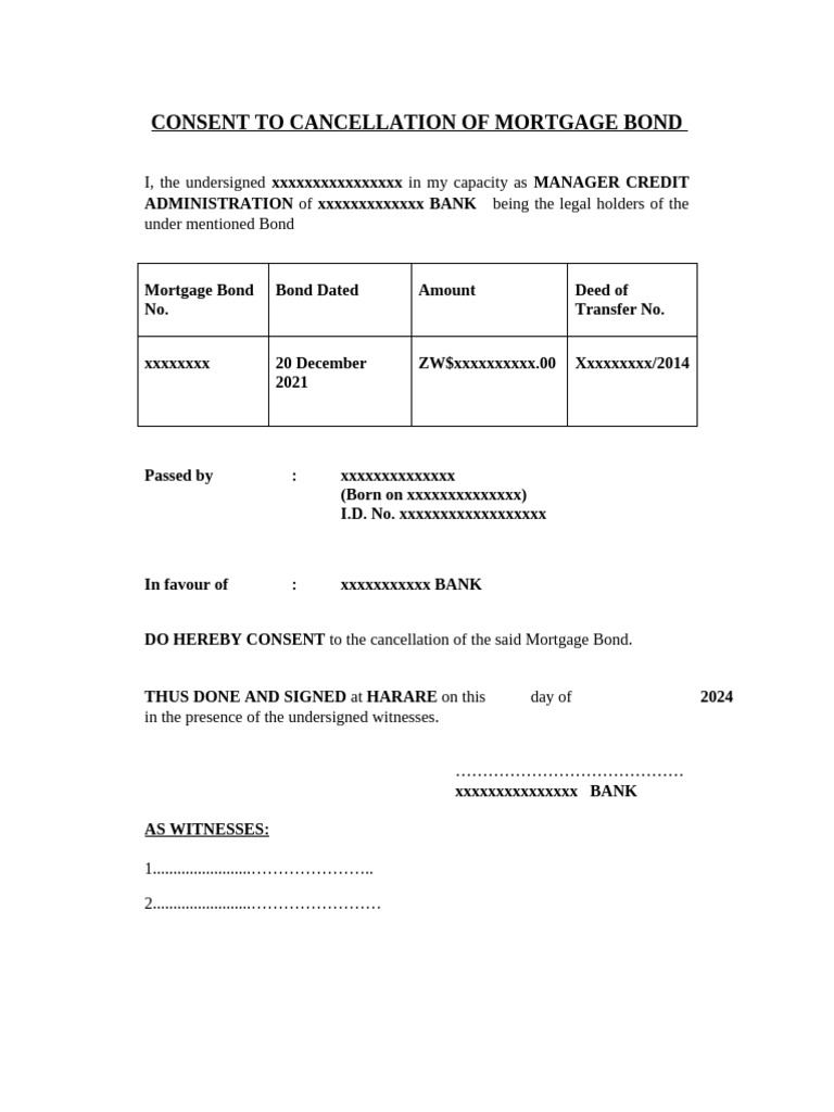 Mortgage Bond Cancellation Consent Form | PDF