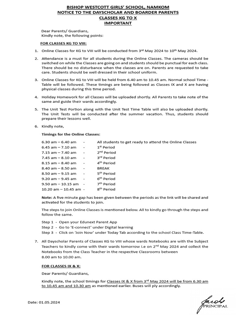 NOTICE TO THE PARENTS CLASSES KG TO X IMPORTANT Dated 01.05.2024 | PDF ...