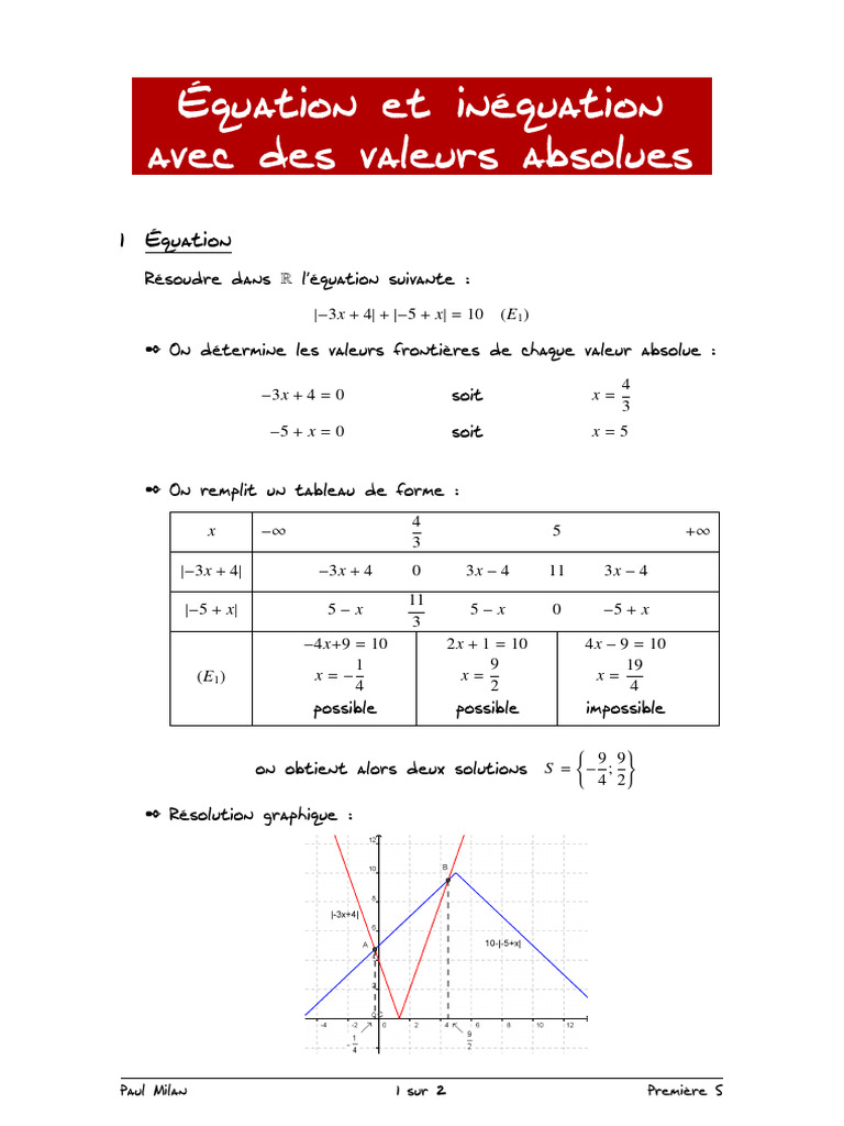 01 Fiche Sur Equation Et Inequation Avec Des Valeurs Absolues | PDF