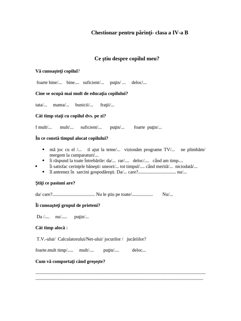 5 Chestionar Pentru Parinti | PDF