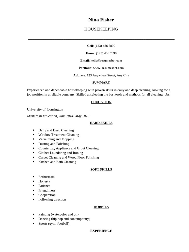 Experienced Housekeeper Resume | PDF | Housekeeping | Home