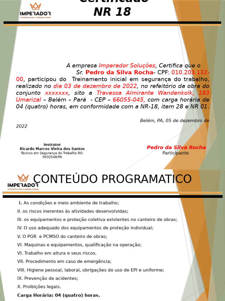 Certificado NR 18 | PDF