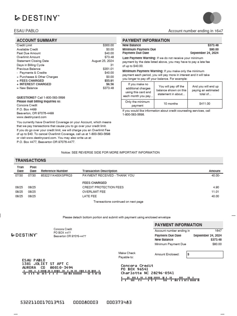 Account Summary Payment Information: Esau Pablo Account Number Ending ...