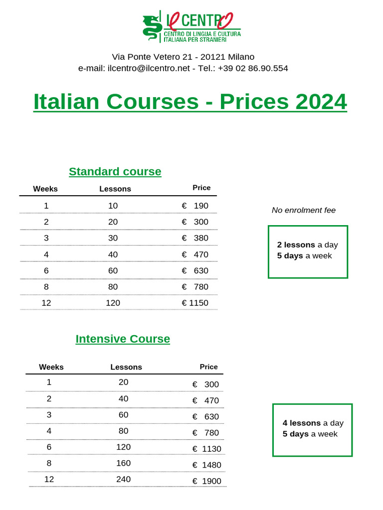 Italian Courses Prices 2024 | PDF