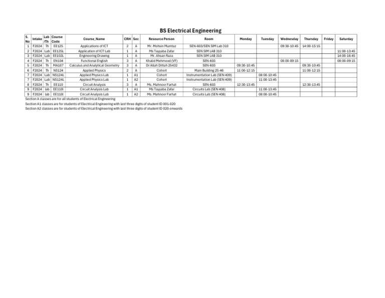 BS Electrical Engineering Fall 2024 Timetable | PDF | Physical Sciences ...