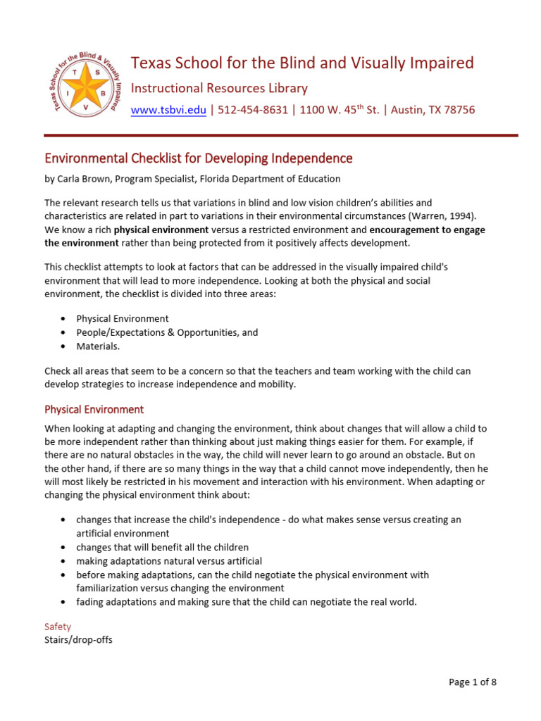Environmental Checklist Developing Independence | PDF