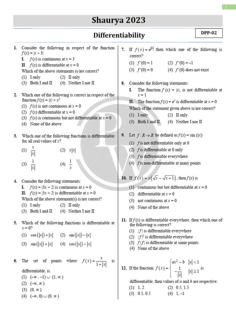 Continuity and Differentiability - DPP 02 - (Shaurya 2023) | PDF