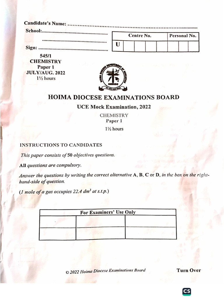 S4 paper 1 Hoima Diocese mock Chemistry | PDF