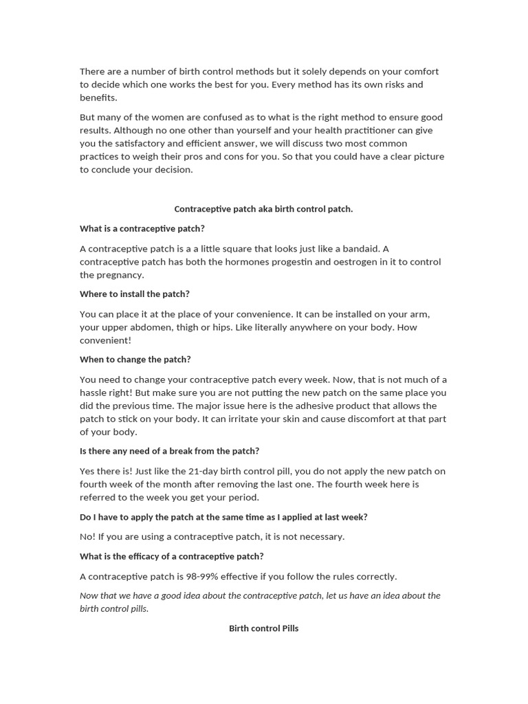 Contraception Patch Vs Birth Control Pill | PDF