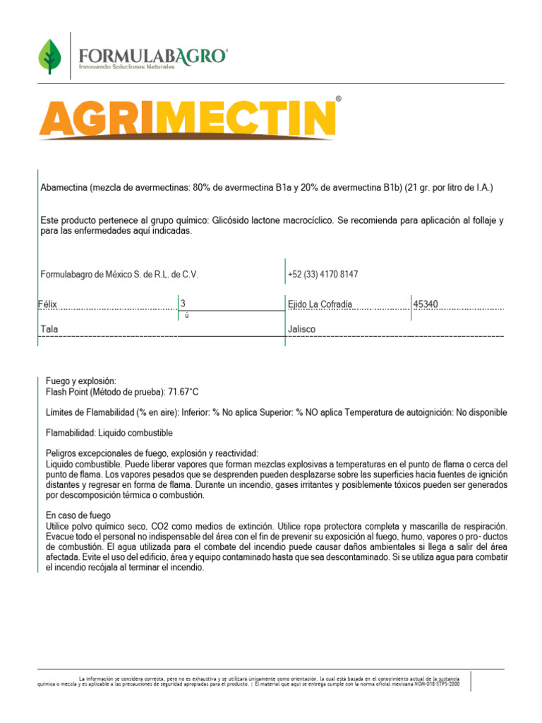 Hoja de Seguridad (Agrimectin) | PDF