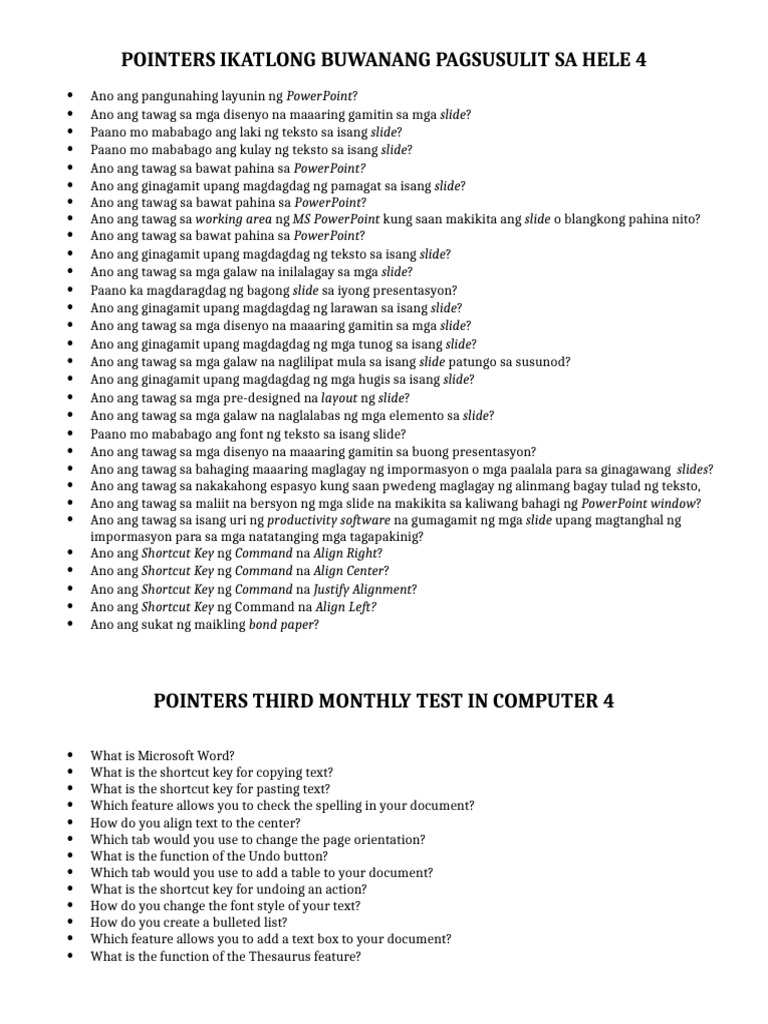 Pointers Ikatlong Buwanang Pagsusulit Sa Hele 4 | PDF