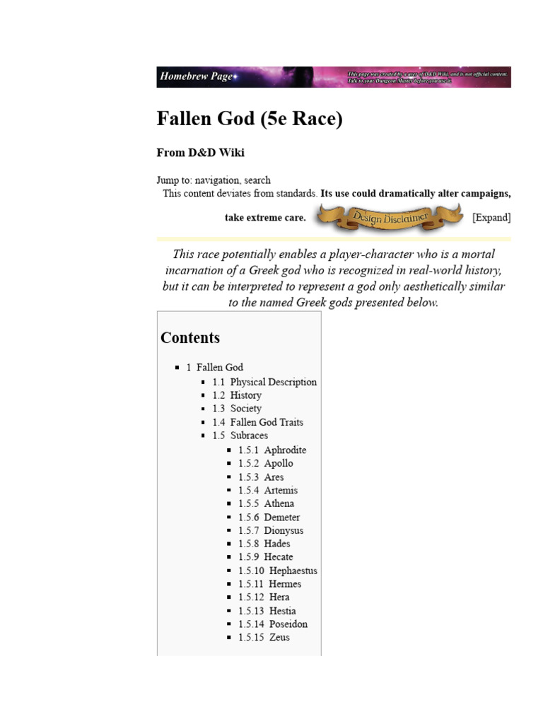 Fallen God (5e Race) - D&D Wiki | PDF