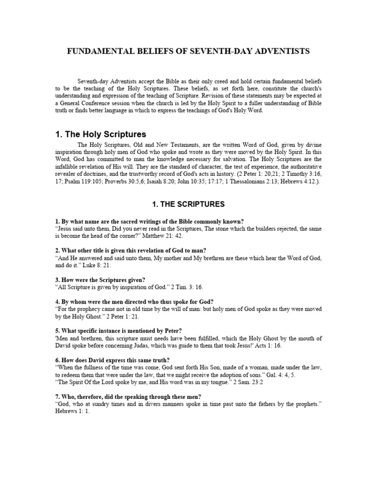 01 Fundamental Beliefs of Seventh Day Adventists The Holy Scriptures | PDF