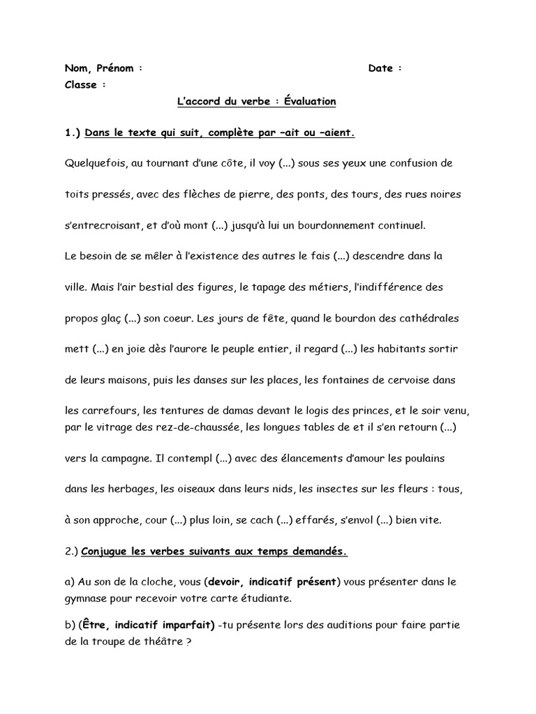 L'accord Du Verbe - Évaluation | PDF