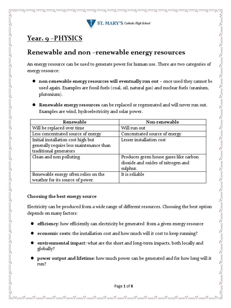 Year 9 Physics Notes Renewable and Non Renewable | PDF