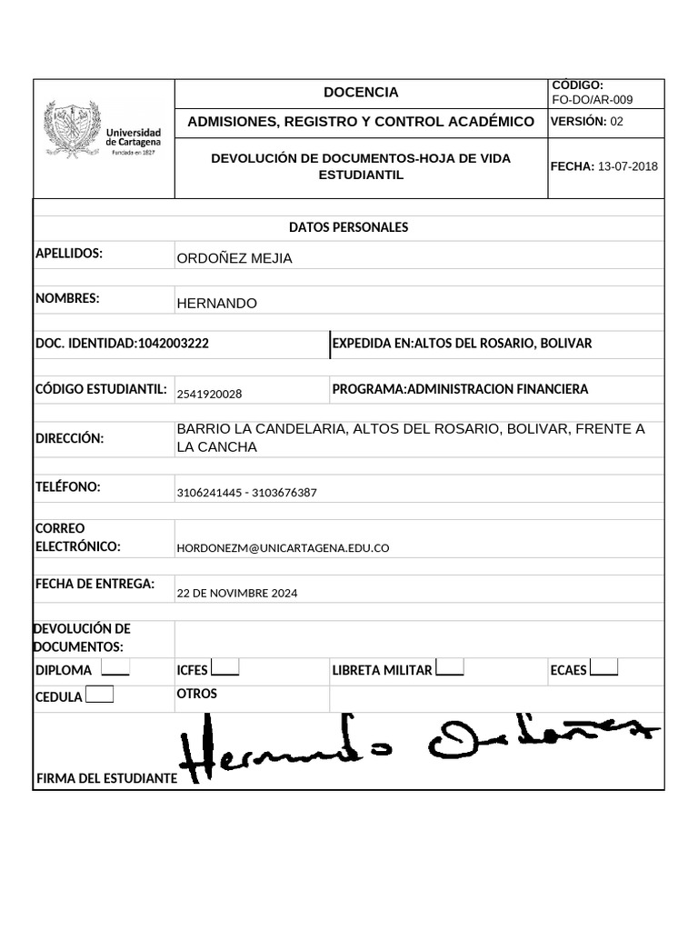 Formato de Devolucion de Documentos-Hoja de Vida Estudiante | PDF