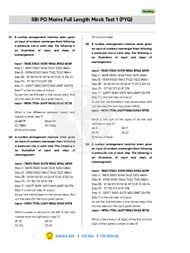 Banking SBI PO Mains Full Length Mock Test 1 PYQ English | PDF