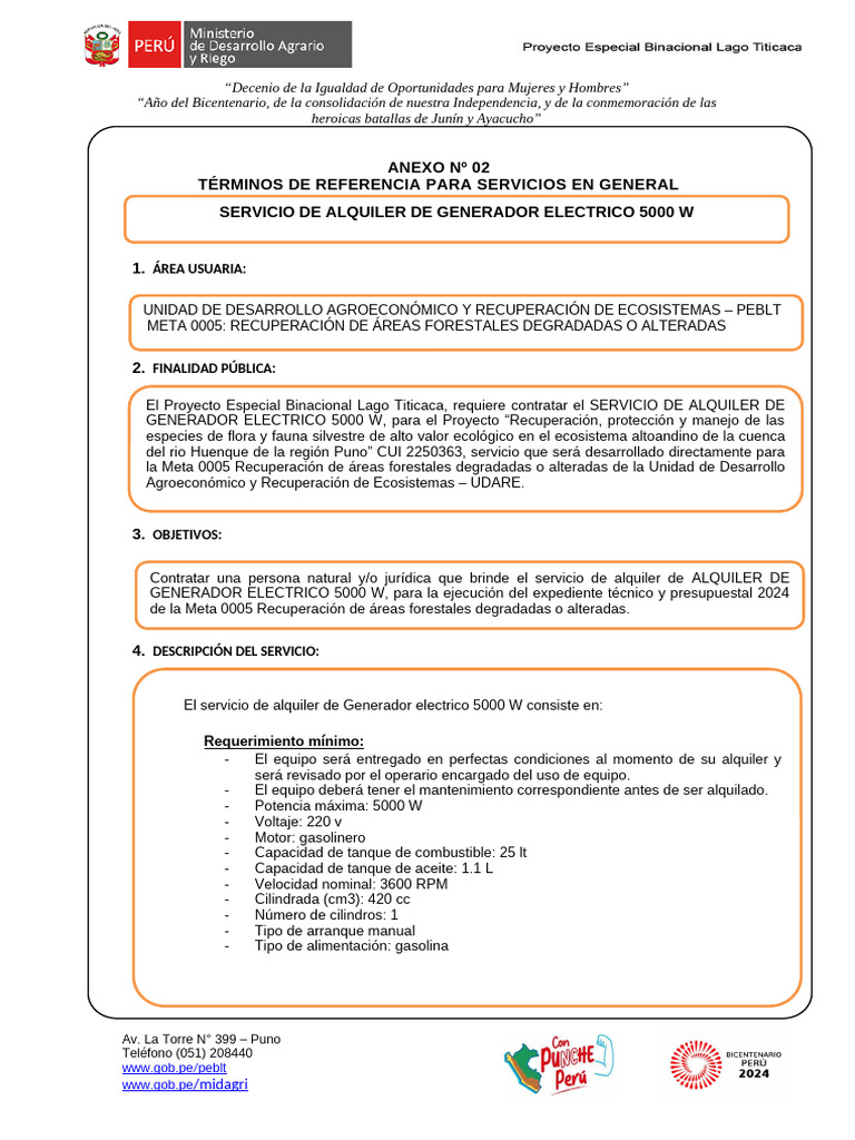 Alquiler Generador Eléctrico 5000 W Puno | PDF | Corrupción política