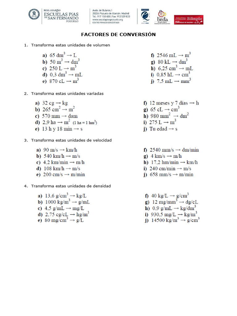 1.3 Ejercicios de factores de conversión | PDF