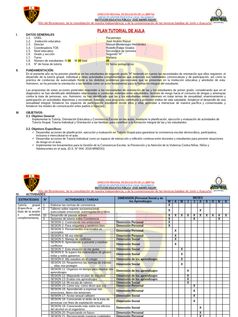 Plan Tutorial de Aula 2do H - 2024 | PDF | Salón de clases | Crecimiento personal y profesional