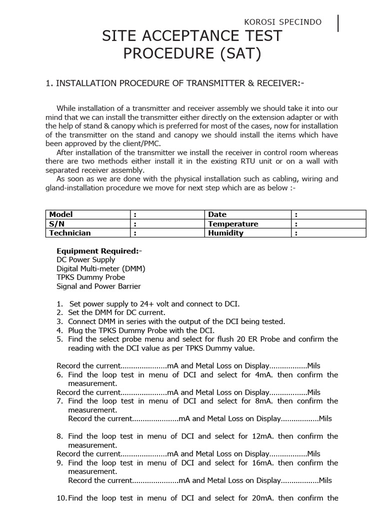 Site Acceptance Test Procedure (Sat) : 1. Installation Procedure of ...