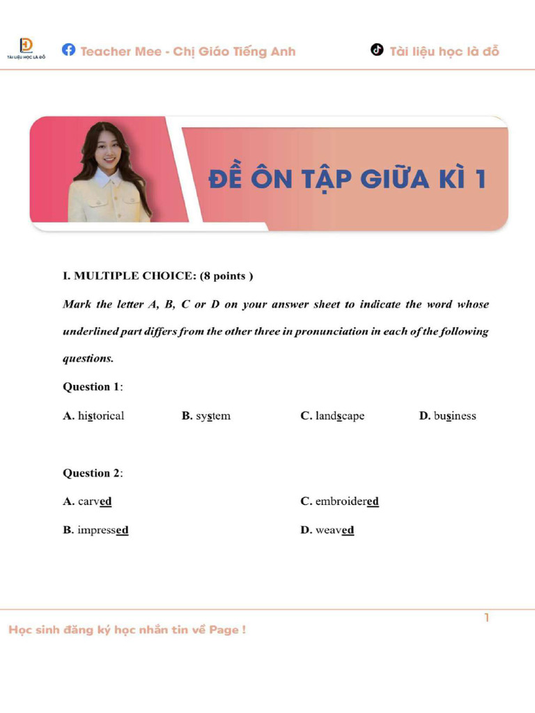 Đề ôn tập TA giữa HKI | PDF