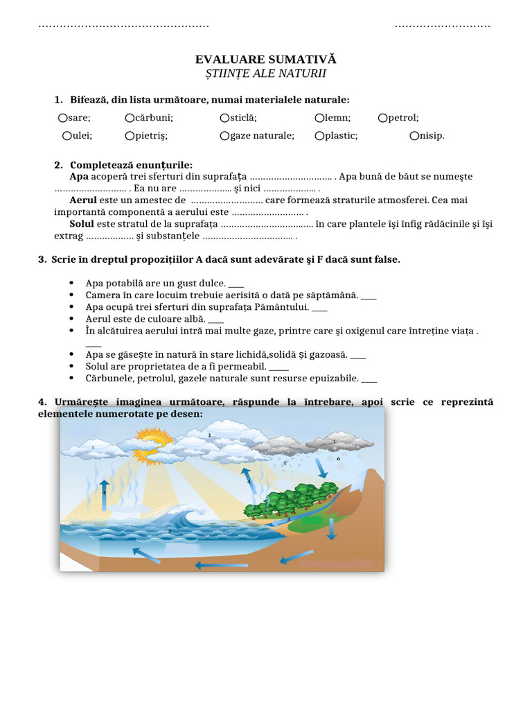 Evaluare Sumativa Apa Aerul Solul | PDF