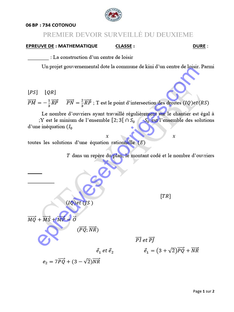 Epreuve de Mathématiques 2nde C-D 1er Devoir Du 2eme Semestre 2023-2024 ...