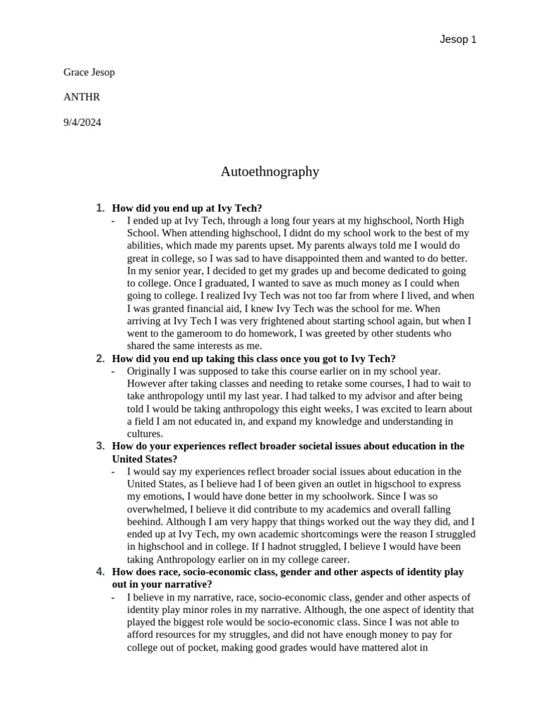 Autoethnography - Grace Jesop | PDF | Liberal Arts Education