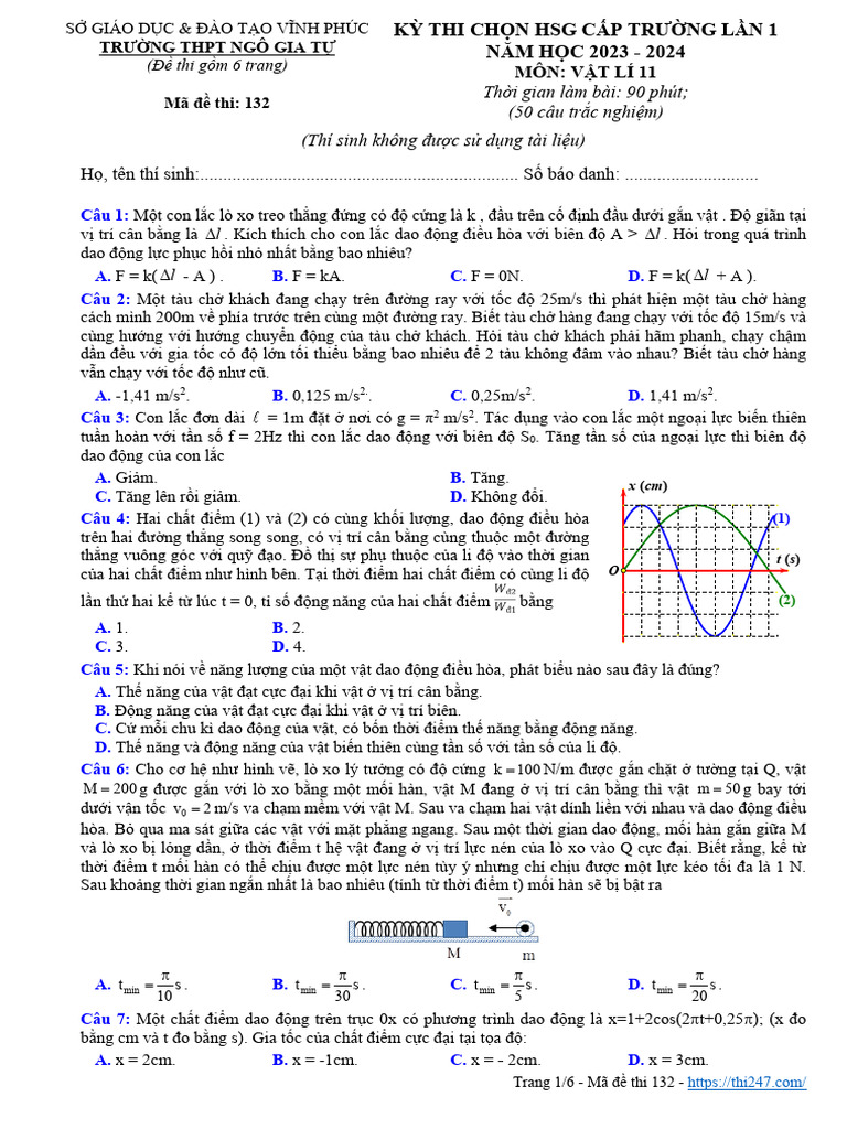 De Thi HSG Vat Li 11 Lan 1 Nam 2023 2024 Truong THPT Ngo Gia Tu Vinh Phuc | PDF