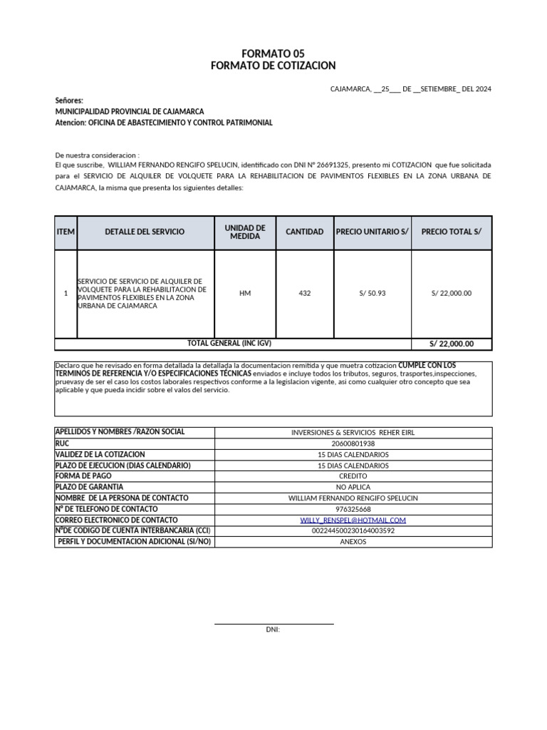 Formato 05 - Propuesta Formato de Cotizacion MPC - 2024 - Servicios | PDF