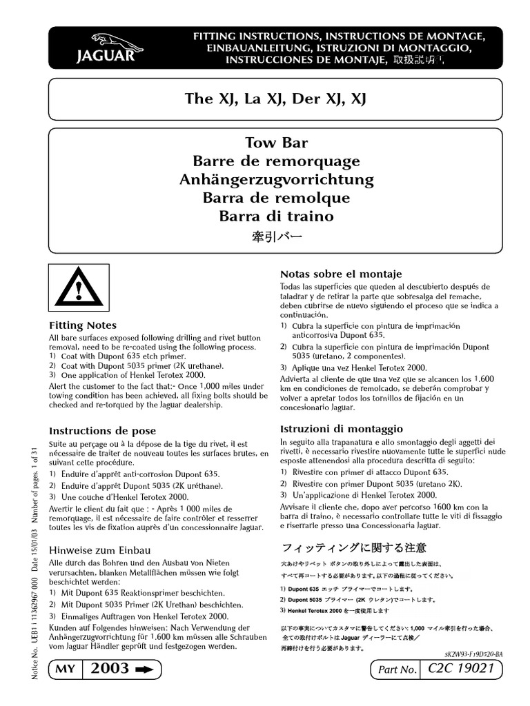 Jaguar Tow Bar Fitting Instructions | PDF | Motor Vehicle