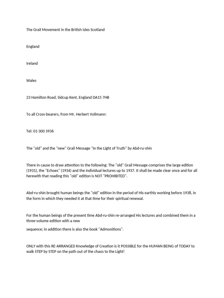 Herbert Vollman's Letter On The Reworking of The Grail Message 1989 | PDF