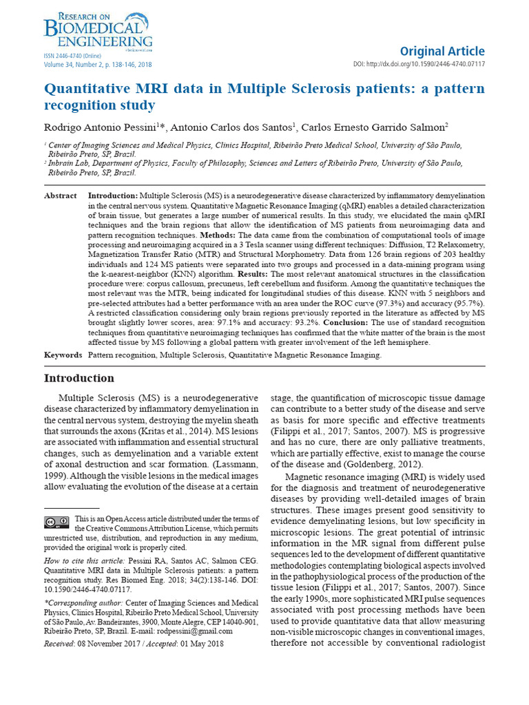 Quantitative MRI Data in Multiple Sclerosis Patients - A Pattern Recognition Study | PDF