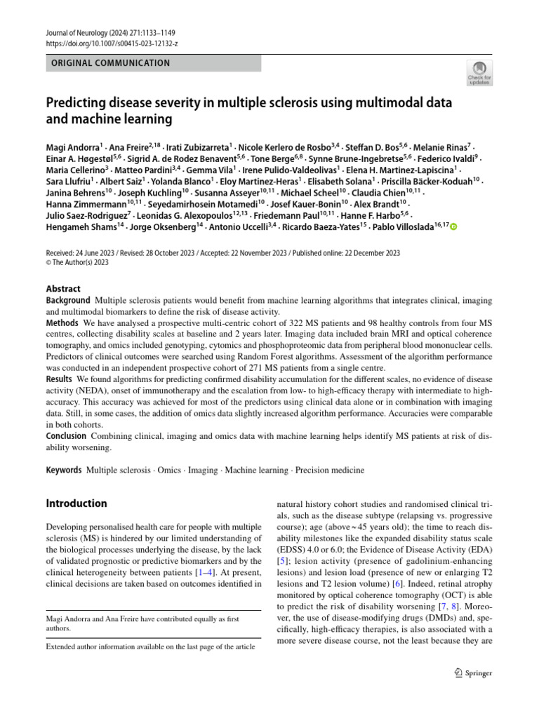 Predicting Disease Severity in Multiple Sclerosis Using Multimodal Data and Machine Learning | PDF