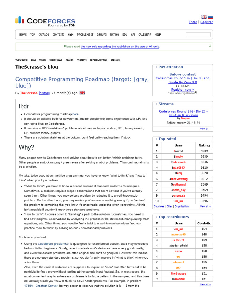 Competitive Programming Roadmap (Target - (Gray, Blue) ) - Codeforces | PDF
