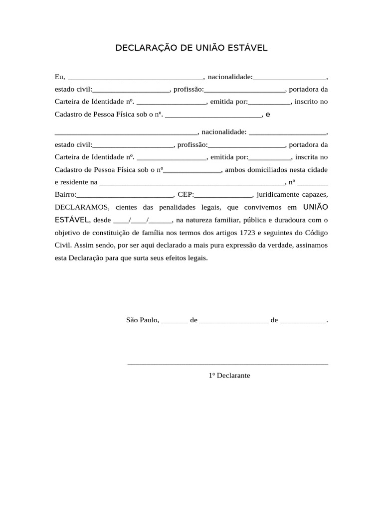 Declaração de União Estável (Preencher) | PDF