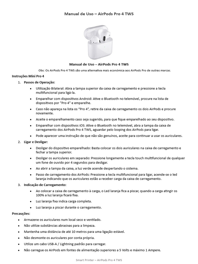 Manual de Uso AirPods Pro 4 TWS | PDF