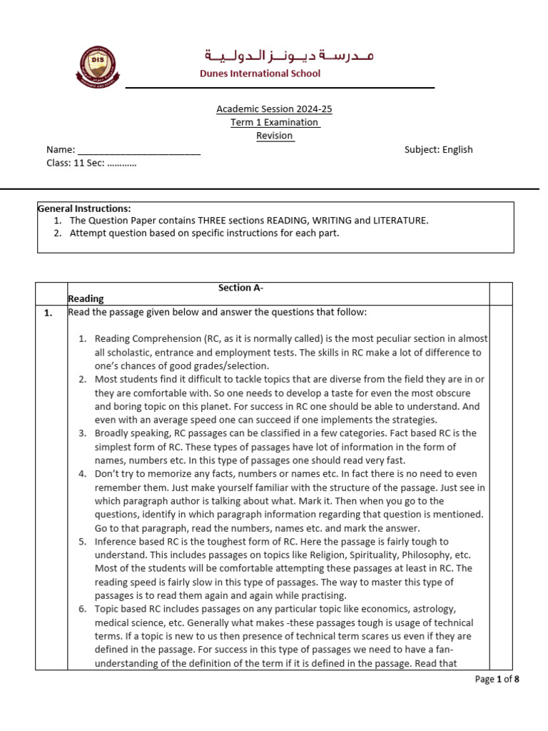 Gr 11 Term 1 Revision qp | PDF