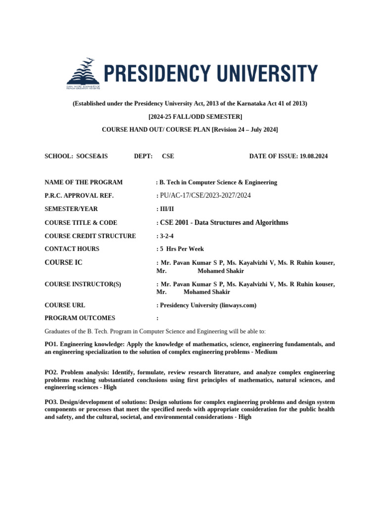 CoursePlan-CSE 2001-Updated on 13-08-2024 | PDF