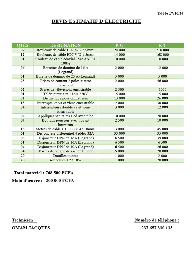 Devis Estimatif D'electricite | PDF