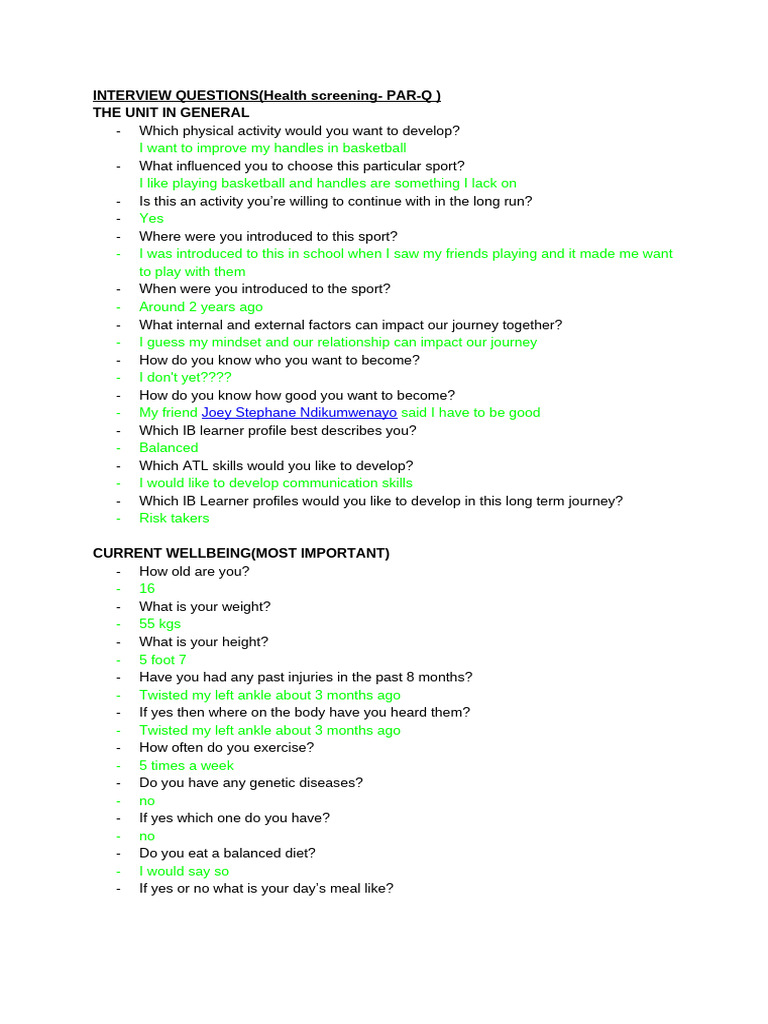 INTERVIEW QUESTIONS (Health screening-PAR-Q) The Unit in General | PDF