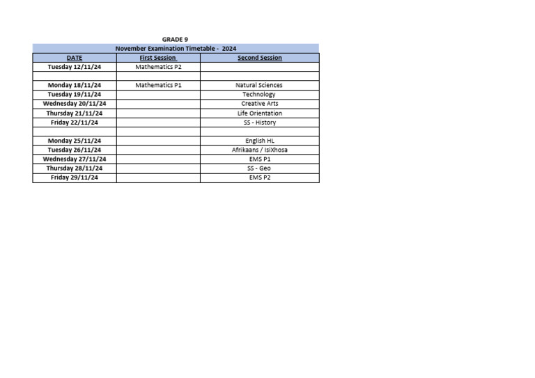 Nov. Exam Timetable 2024 Gr9 | PDF