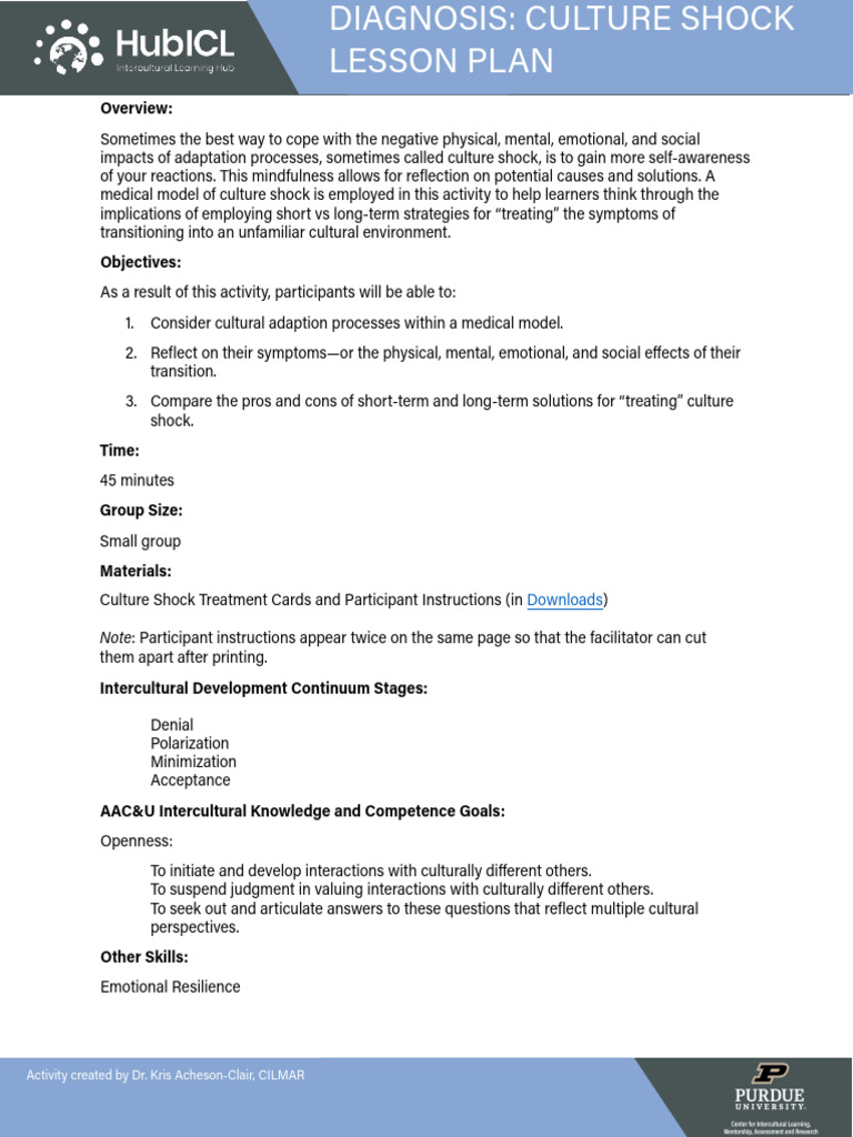 Diagnosis-Culture Shock - Lessonplan | PDF