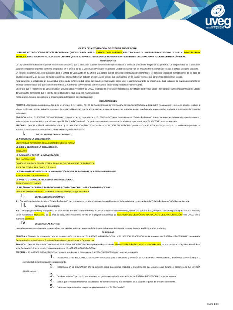Estadía Carta de Autorización. SERGIO | PDF