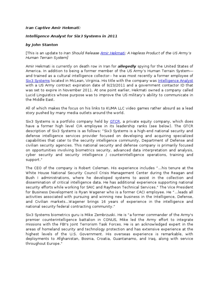 Amir Hekmati Former Spy Analyst Six3 Systems | PDF | Central ...