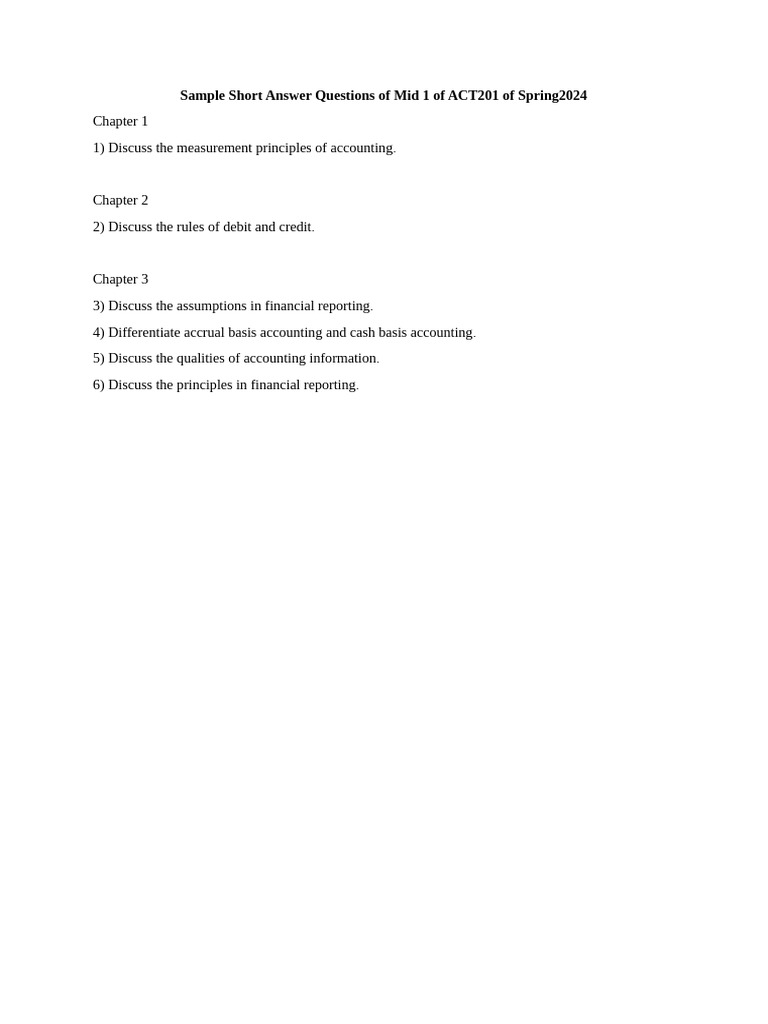 Sample Short Answer Questions of Mid 1 of ACT201 of Spring2024 | PDF