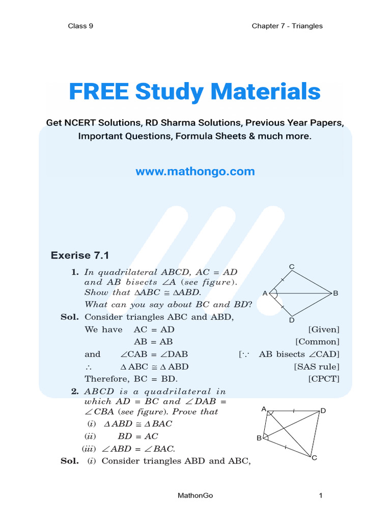 NCERT Solutions Class 9 Maths Chapter 7 Triangles | PDF