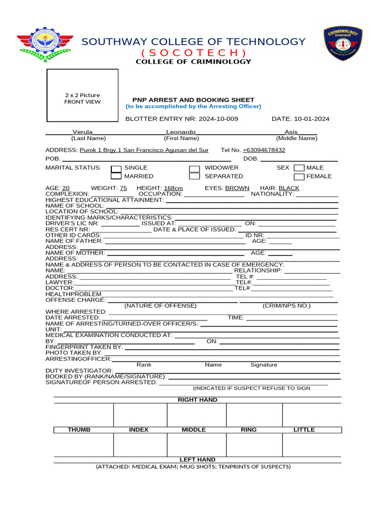 Arrest Booking Sheet ZZZZZZZZ | PDF | Authentication | Social Science