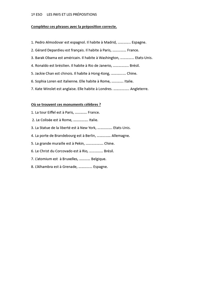 LES PAYS ET LES PRÉPOSITIONS | PDF